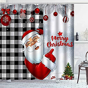 Dia Magico 4PCS Merry Christmas Shower Curtain Set, Santa Claus Xmas Balls Black White Buffalo Plaid Snowflake Holiday Country Rustic Farmhouse Bathroom Decor, Fabric Shower Curtain, Non-slip Bath Mat