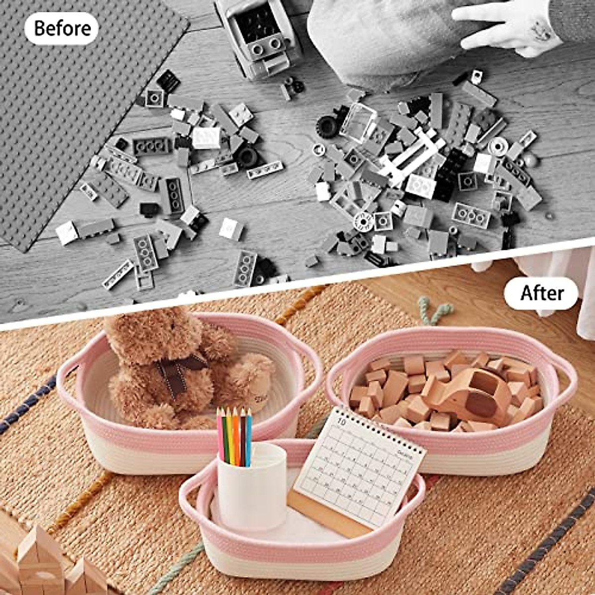 OIAHOMY Cotton Rope Storage Basket, Set of 5 Woven Baskets for Organizing with Handles, Decorative Basket for Baby Nursery, Dog Cat Toy Baskets - Pink & White