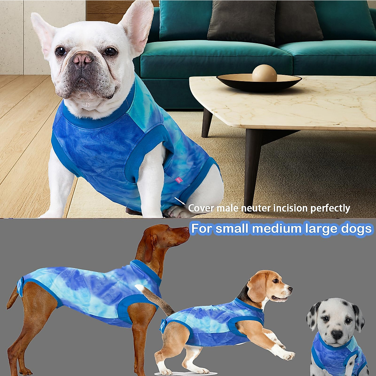 Wabdhaly Dog Zipper Recovery Suit for Male Neuter Surgery,Female Spay Onesie,Hook & Look Closure Bodysuit,E-Collar & Cone Alternative Surgical Large Recovery Suit,Tie Dye Blue L