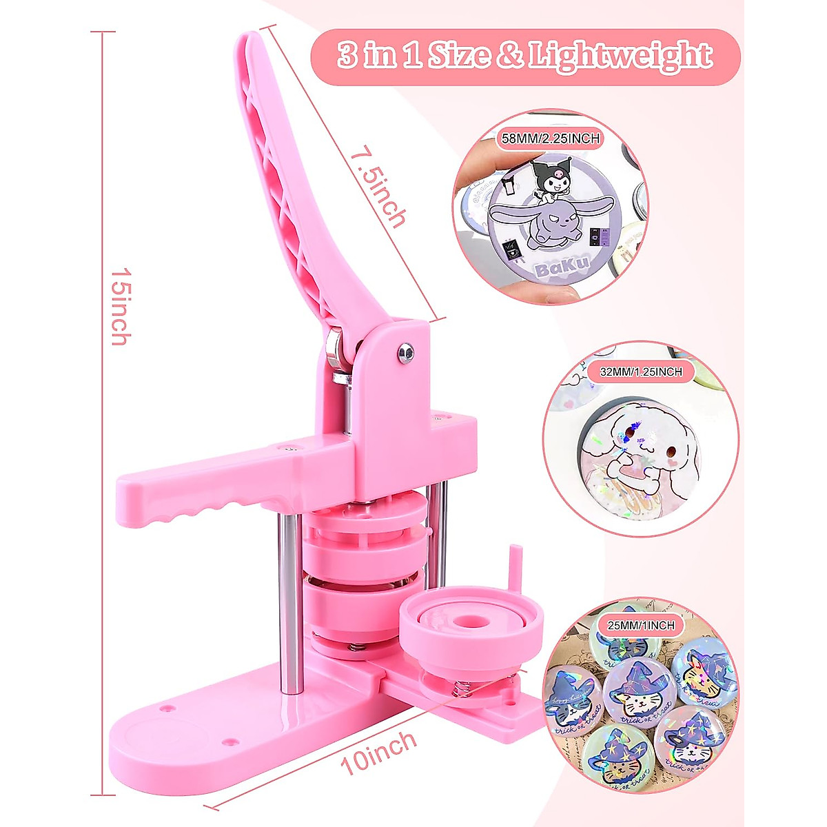 Button Maker Machine Kit: Create Buttons with Multiple Sizes (1+1.25+2.25 inch)! includes 600 Pcs Button Making Supplies, 12 Cartoon Stickers, 3 Pcs Cutter, 1 Magic Book. Button Press for 25/32/58mm