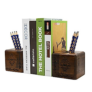 OwlGift Rustic Brown Solid Bamboo Decorative Bookends w/ Laser Engraved, Office Desk Book Stand with Stationery Holder and Pencil Cup, 1-Pair