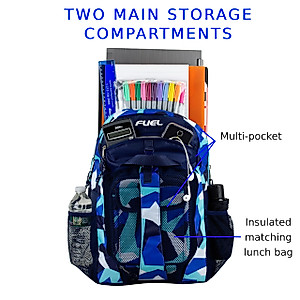 FUEL Lunch Backpack Set Water Resistant Bookbag Bag Soft Reusable Insulated Cooler Lunch Box Thermal Travel Office Lunch Bag, Blue Jagged Shape