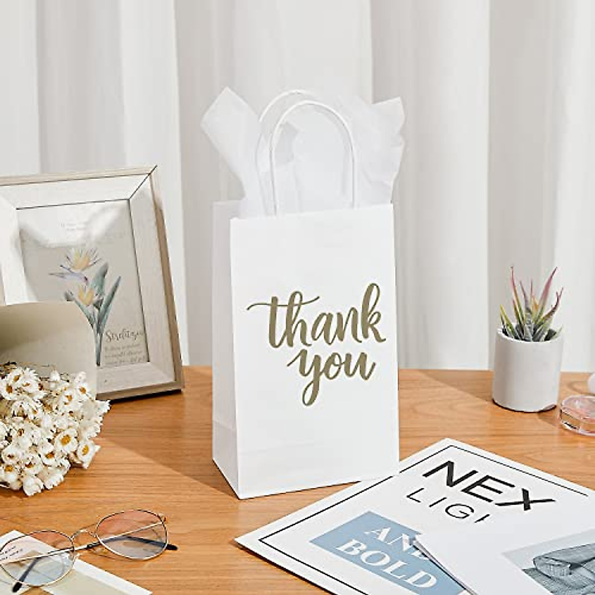 DjinnGlory 50 Pack Small White Thank You Paper Gift Bags with Handles and 24 Sheets Tissue Paper for Small Business, Shopping, Wedding, Baby Shower, Party Favors (Small 9''x5.5''x3.15'', White)