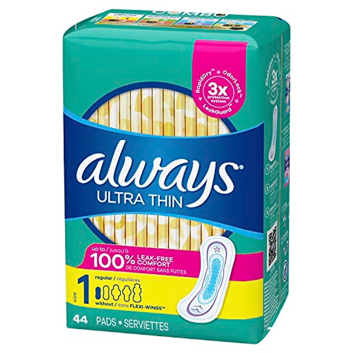 Always Ultra Thin Pads for Women, Size 1 Regular Absorbency Without Wings Unscented, 44 Count x 3 Packs (132 Count total)