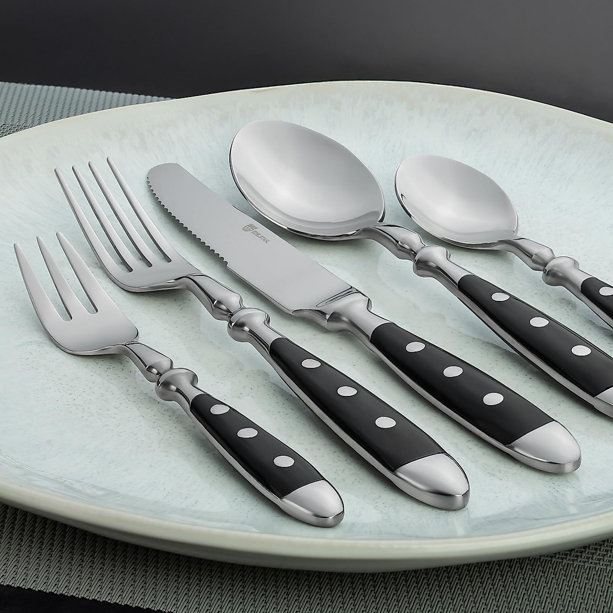 GRÄWE cutlery set for 6 persons made of stainless steel, Heavy, Rustic, Table cutlery set 30 pieces, Forged cutlery with black handles - Nuremberg series