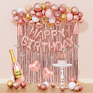 Amandir Rose Gold Birthday Party Decorations for Women Girls, Rose Gold Pink Confetti Foil Balloons, Butterfly, Fringe Curtain, Happy Birthday Banner, Cake Topper for30th 40th 50th 60th Supplies Decor