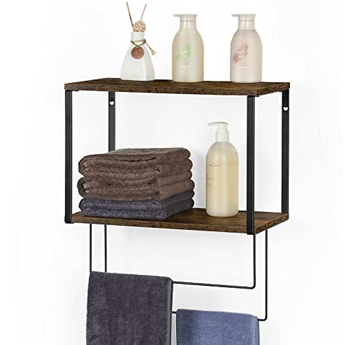 ETELI Bathroom Wall Shelf 2 Tier Towel Rack with Shelf Wall Mount Wood Storage Rack with Towel Bar, Brown