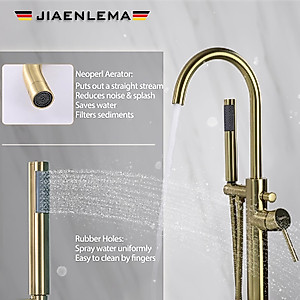 Freestanding Bathtub Faucet Brushed Gold Floor Mount Tub Filler with Single Handle, Free Standing Tub Faucet with Swivel Tub Spout, Modern Tub Shower Faucet with Hand Shower 59〞 Shower Hose JIAENLEMA