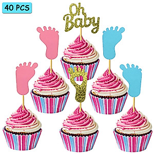 BLUE TOP Pack of 40pcs Little Feet Theme Cupcake Topper Picks Cake Decoration for Boys Girls Birthday Party Valentine's Day Baby Shower Wedding Birthday Event Party Supply