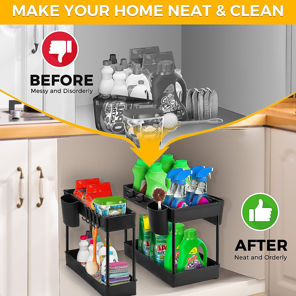 Under Sink Organizers and Storage, 2 Tier Under Sink Organizer with 8 Hooks, Under the Sink Organizer Kitchen, Cabinet Organizers and Storage for Bathroom Kitchen Cabinet Organizer (Black,2 Pack)