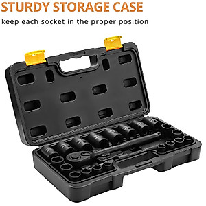 DEKOPRO 1/2-Inch Impact Socket Sets, 23 Pieces Drive Socket Set Mechanic Tool Set with 72 Teeth Reversible Ratchet, 1/2" Drive Metric/SAE, CR-V Steel