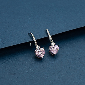 Heart Hoop Earrings for Women Sterling Silver Earring Pink Cubic Zirconia Diamond Dangling Anniversary Birthday Christmas Gifts for Her Hypoallergenic