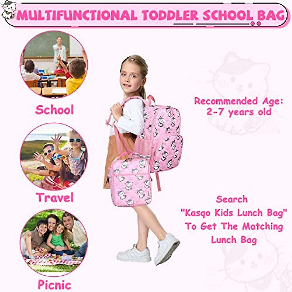 Toddler Backpack for Girls, Kasqo 13.5 Inch Lightweight Waterproof Kids Bookbag Preschool Kindergarten Schoolbag for little Girls 3-6 Years Old, Pink Cat