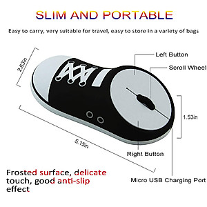 CHUYI Cool Canvas Shoes Shape Ergonomic Design Rechargeable Wireless Mouse Slim Optical Mice with USB Receiver (Stored at Bottom of The Mouse) for PC, Laptop, Computer (Black)