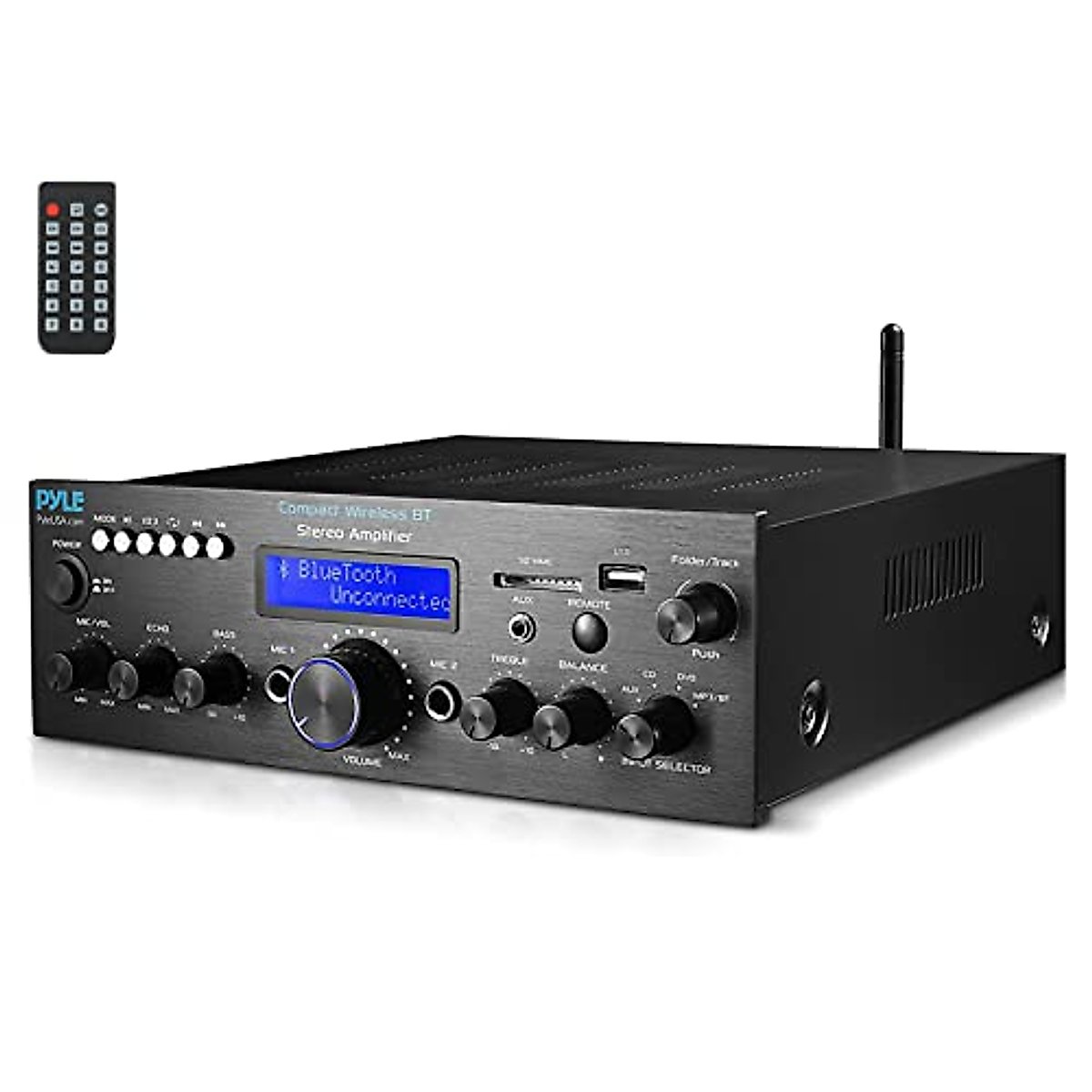 Pyle Compact Bluetooth Stereo Amplifier - 200 Watt Desktop Audio Power Amp Receiver with FM Radio, MP3/USB/SD Readers, Digital LCD Display, Microphone Input - Pyle PDA612BU