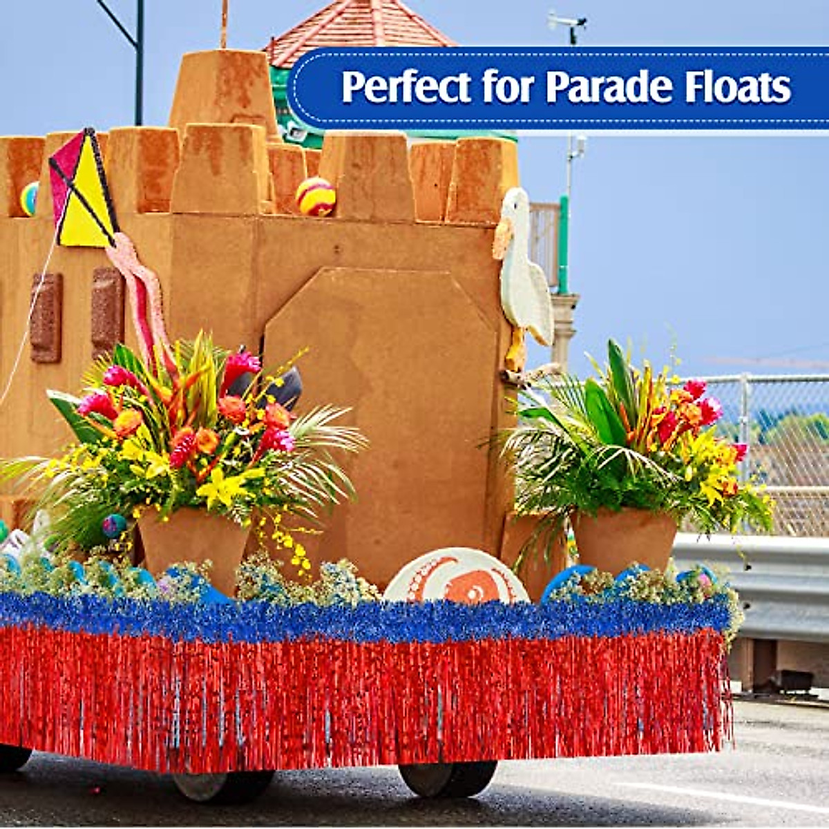 10 Pcs 4th of July Parade Float Decorations Including 4 Pcs 10 ft Metallic Foil Fringe Curtains 6 Pcs 6.5 ft Tinsel Garland for Flag Day Independence Day Party Car Decorations