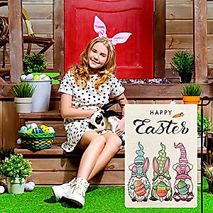 YOVOYOA Happy Easter Rabbit Bunny Gnomes Garden Flag 12.5 x 18 Inch Double Sided Welcome Pees Easter Eggs Flag, Easter Farmhouse Decor