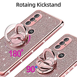 KuDiNi for Moto g Pure Phone Case, Moto g Power 2022 Case Moto G Play 2023 Case for Women Glitter Clear TPU Luxury Bling Protective Cover with Kickstand Strap for Moto g Pure(Glitter Rose)