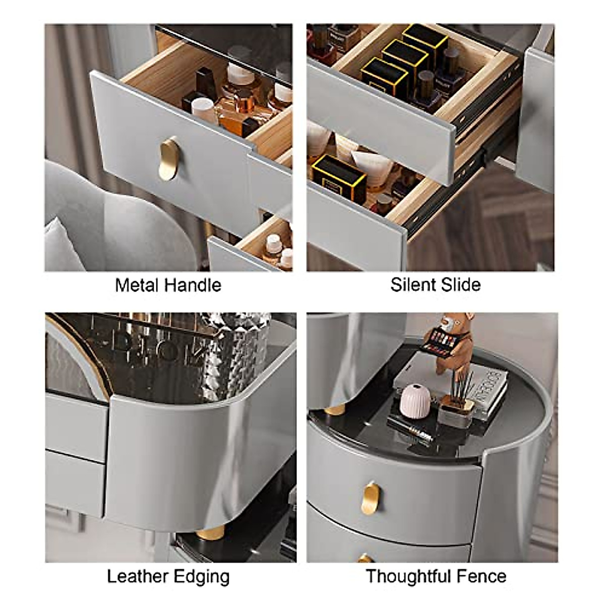 Makeup Vanity Desk with Lighted Mirror, Glass Top & Drawers, Large Vanity Table Set for Her, 3 Lighting Colors, Side Cabinet & Chair Included