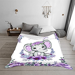 Abhibhu Elephant Purple Floral Custom Baby Blanket, Soft Cozy Fleece, XS for Babies, Personalized Name Blanket Gifts for Newborn Baby Shower