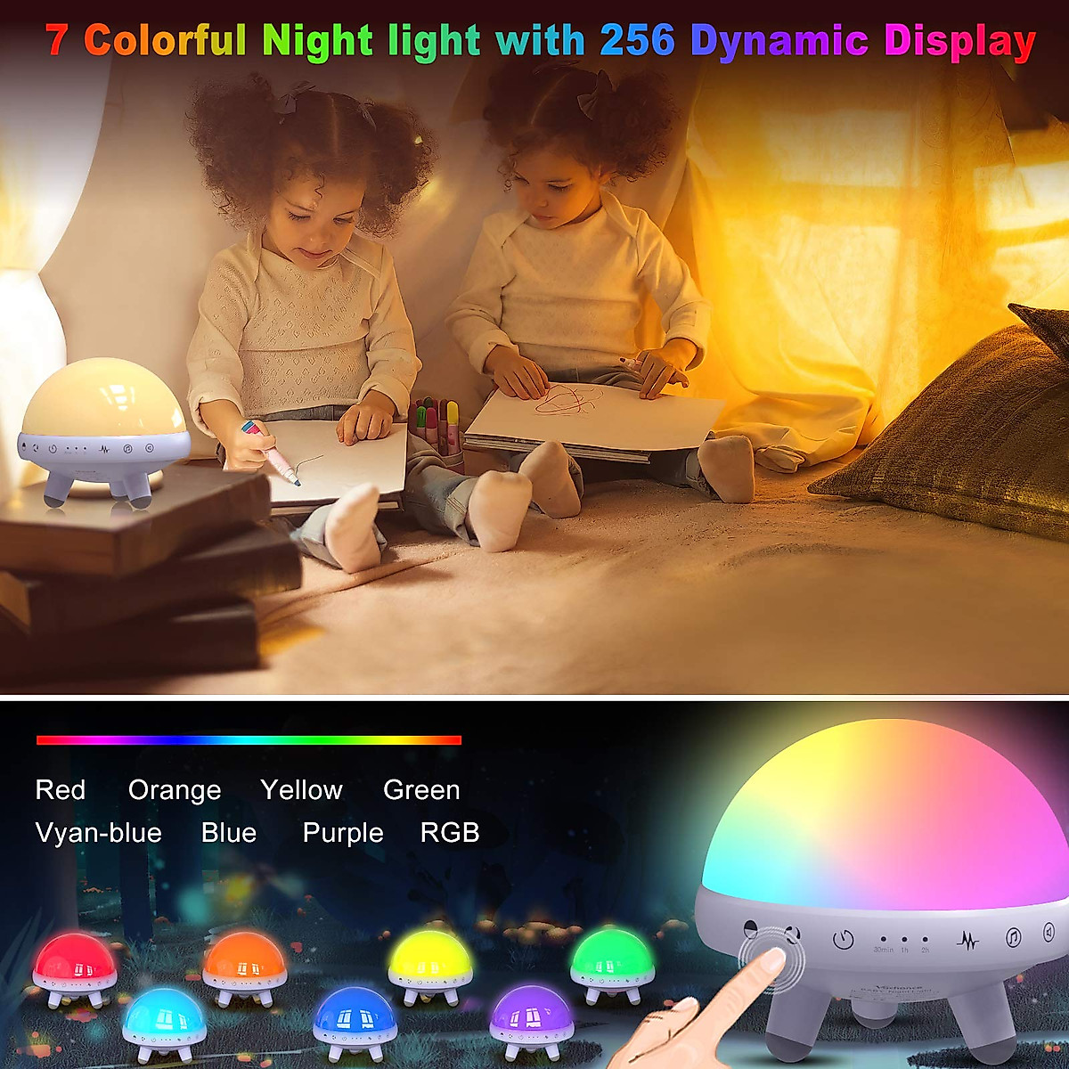 YACHANCE Night Light for Kids White Noise Sound with Color Changing Dimming Function Baby Night Light Rechargable Touch Control 31 Nice Sounds,3 Night Modes,7 Color and 256 RGB,...Purple