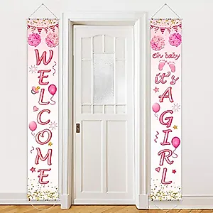 Baby Shower Decorations Welcome It's a Girl Banner Backdrop Background Door Hanging Porch Sign for Baby Shower Party Supplies, 71 x 12 Inch