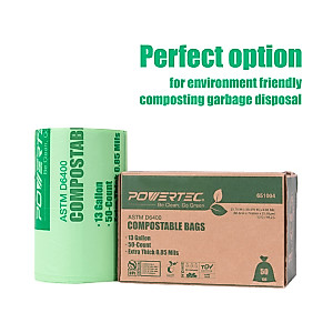 POWERTEC Compostable Bags, 13 Gallon (49.2 Liter), 50 Count, Extra Thick 0.85 Mil Kitchen Scrap Waste Bag, ASTM D6400 US BPI & European OK Compost Home Certified, Biodegradable Yard Waste Trash Bag