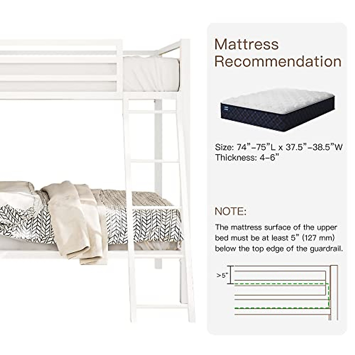 ikalido Metal Bunk Bed Twin Over Twin Size, Heavy Duty Twin Bunk Beds with Safety 14" Guard Rail & Sturdy Inclined Ladder, Space-Saving/No Box Spring Needed/Matte White