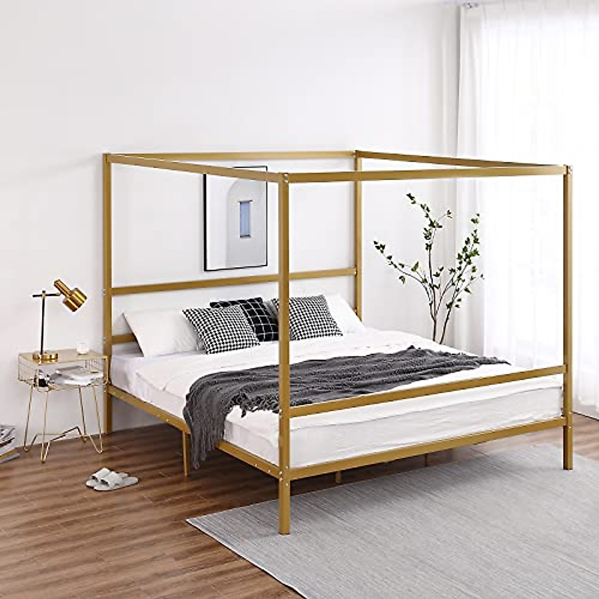 Bonnlo Metal Canopy Bed Frame King,Gold 4 Poster Bed,10 inches Canopy Platform Bed,No Box Spring Needed