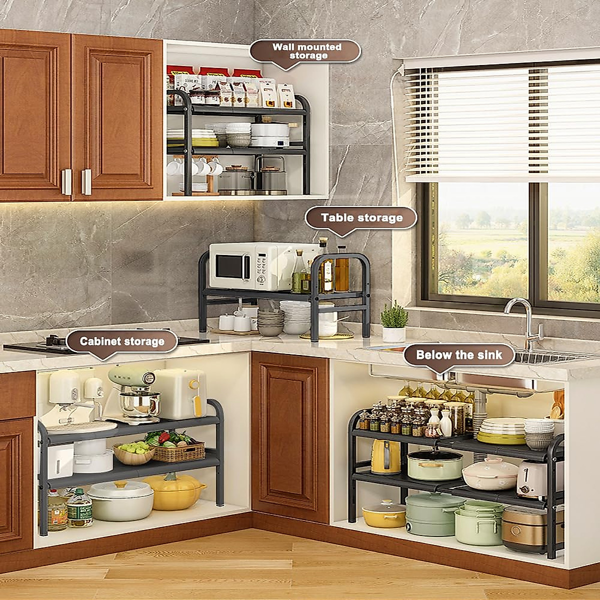 TLCHEN 2 Tier Under Sink Organizers and Storage,Expandable Cabinet Shelf Organizer,with 8 Removable Panels Multi-Purpose Storage Shelf,for Kitchen Bathroom Storage Rack(BLACK)