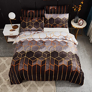 iyoimono Grey Geometric Geo Duvet Cover Set Gold Line Checkered Plaid Bedding Set Reversible Black King Size Quilt Comforter Cover with Zipper Closure Winter Summer Duvet Cover and 2 Pillow Shams