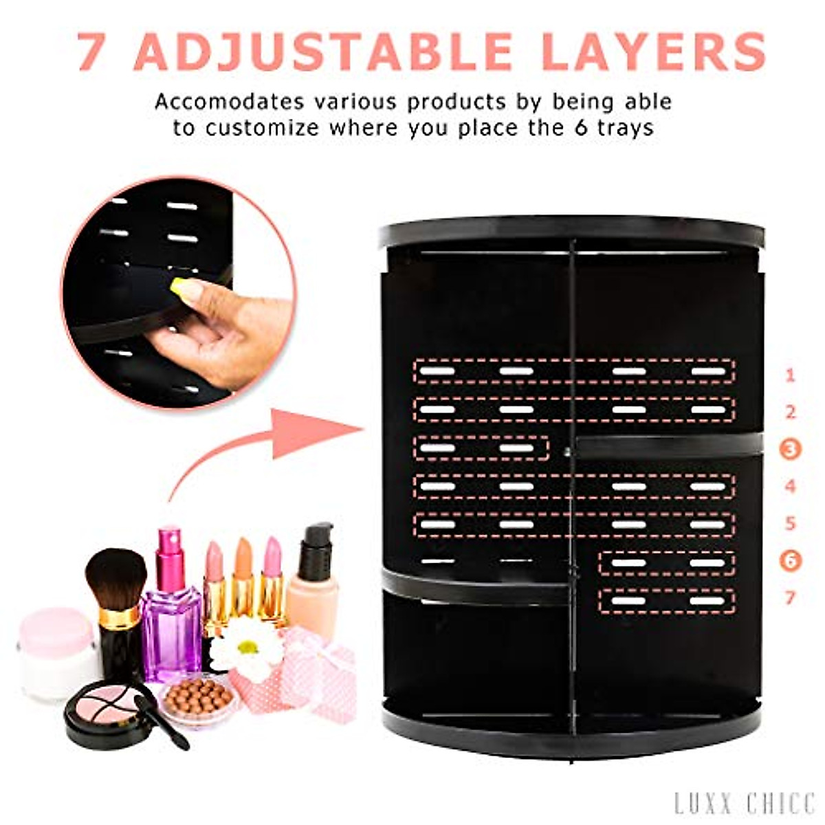 360 Rotating Makeup Organizer, DIY Adjustable Cosmetics Carousel Spinning Holder Storage Rack, Large Capacity, Eliminates Bathroom Countertop Clutter, Black, Luxx Chicc (Black)