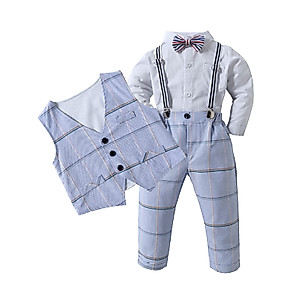 Kgurtagh Baby Boy Gentleman Outfit, Long Sleeve T-Shirts & Vest & Pants & Bow Tie & Suspender, Toddler Boy Suspenders Outfits, Kids Boy Formal Suit for Special Occassion (1-5T)