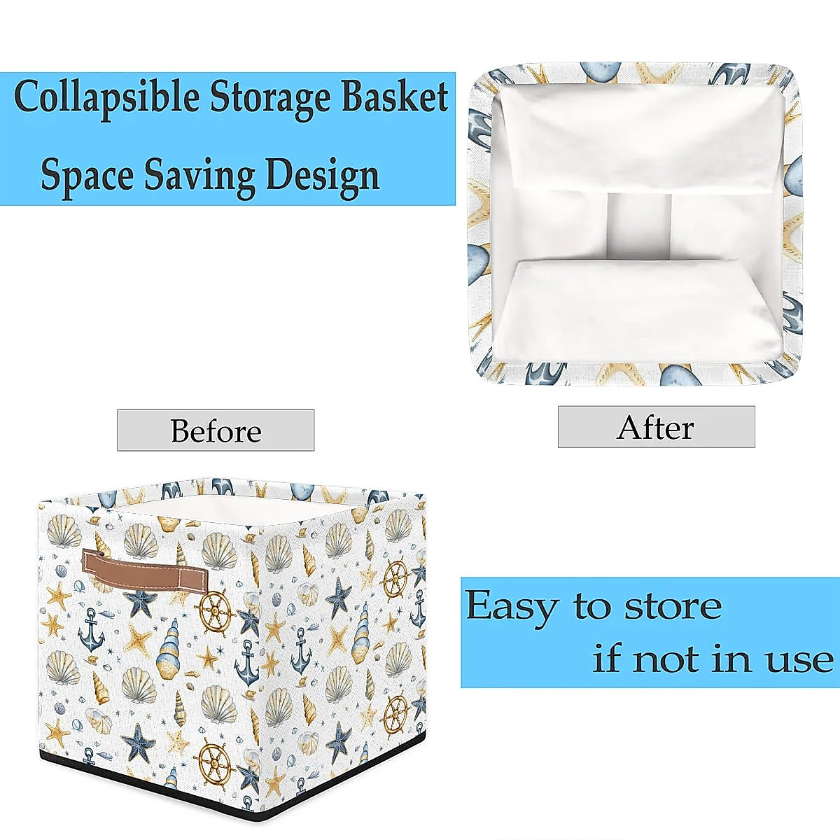 Tablerazzi Nautical Coastal Ocean Coral Cube Storage Bin, 13 Inch Collapsible Fabric Storage Cube Bin, Foldable Cube Baskets for Shelf, Closet, Organizer