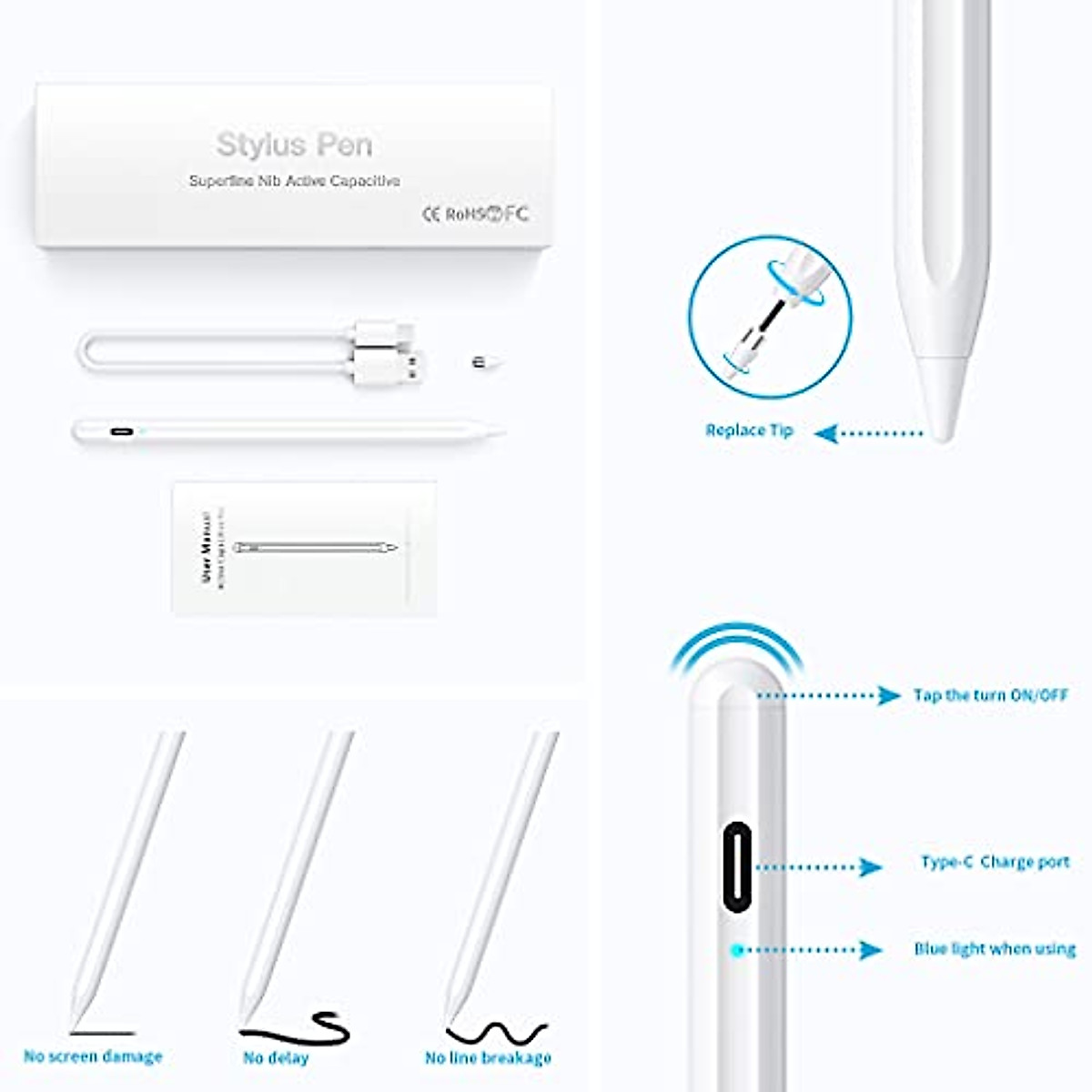 Stylus Pen, Active Stylus Pen Compatible for iOS and Android Touchscreens/Phones, Rechargeable Stylus Pen with Dual Touch Screen, Stylus Pencil for Apple/Android/Samsung Tablet, 16.5CM,White