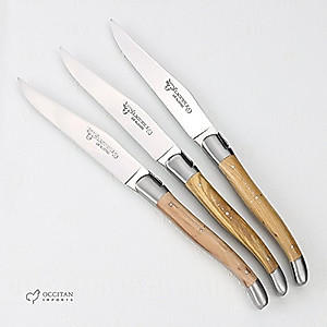 Laguiole en Aubrac Luxury Fully Forged Full Tang Stainless Steel Steak Knives 4-Piece Set with Mixed French Wood Handle, Stainless Steel Brushed Bolsters