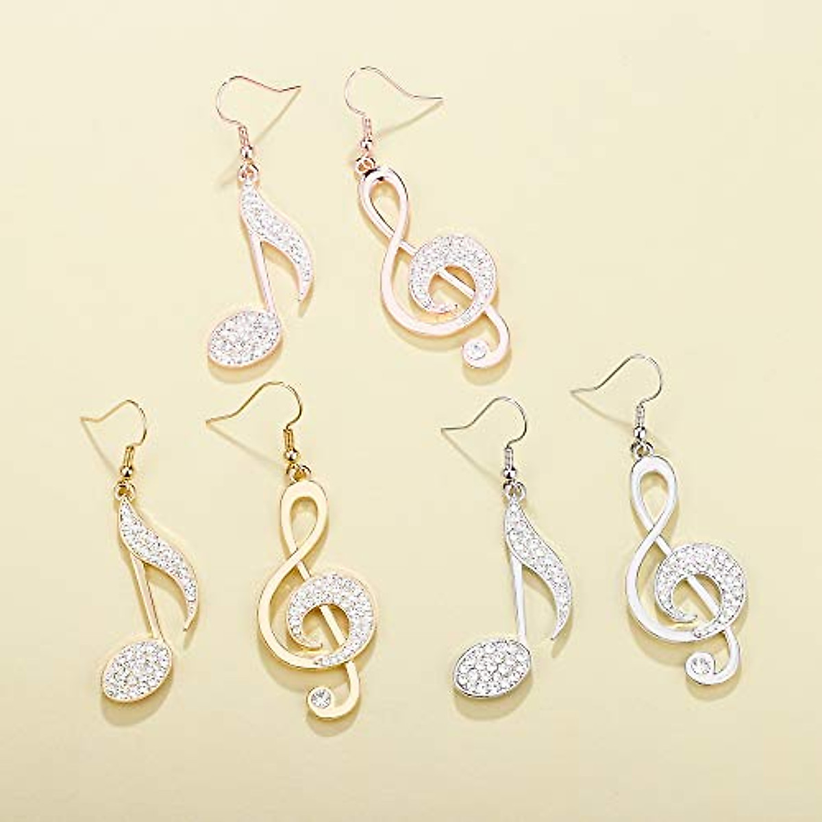 Women Dangle Earrings with Music Note Drop - CZ Clear Crystal Musical Fans Clip on Hook Earring, Rhinestone Fashion Costume Jewelry for Girls…