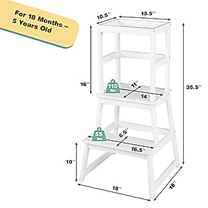 Costzon Kids Kitchen Step Stool with Safety Rail, 2 in 1 Solid Wood Montessori Learning Stool Standing Helper for Kitchen Counter, 2-Tier Seat Stool for Toddlers 18 Months-5 Years Old, White