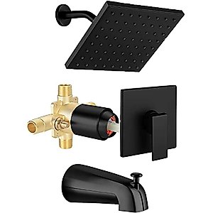 SUNZOE Shower Faucet Set with Tub Spout Matte Black Anti-Scald Pressure Balanced Bathtub Shower Faucet Set 8 Inch Shower Head Wall Mounted Rainfall Shower System Rough-in Valve Body Included
