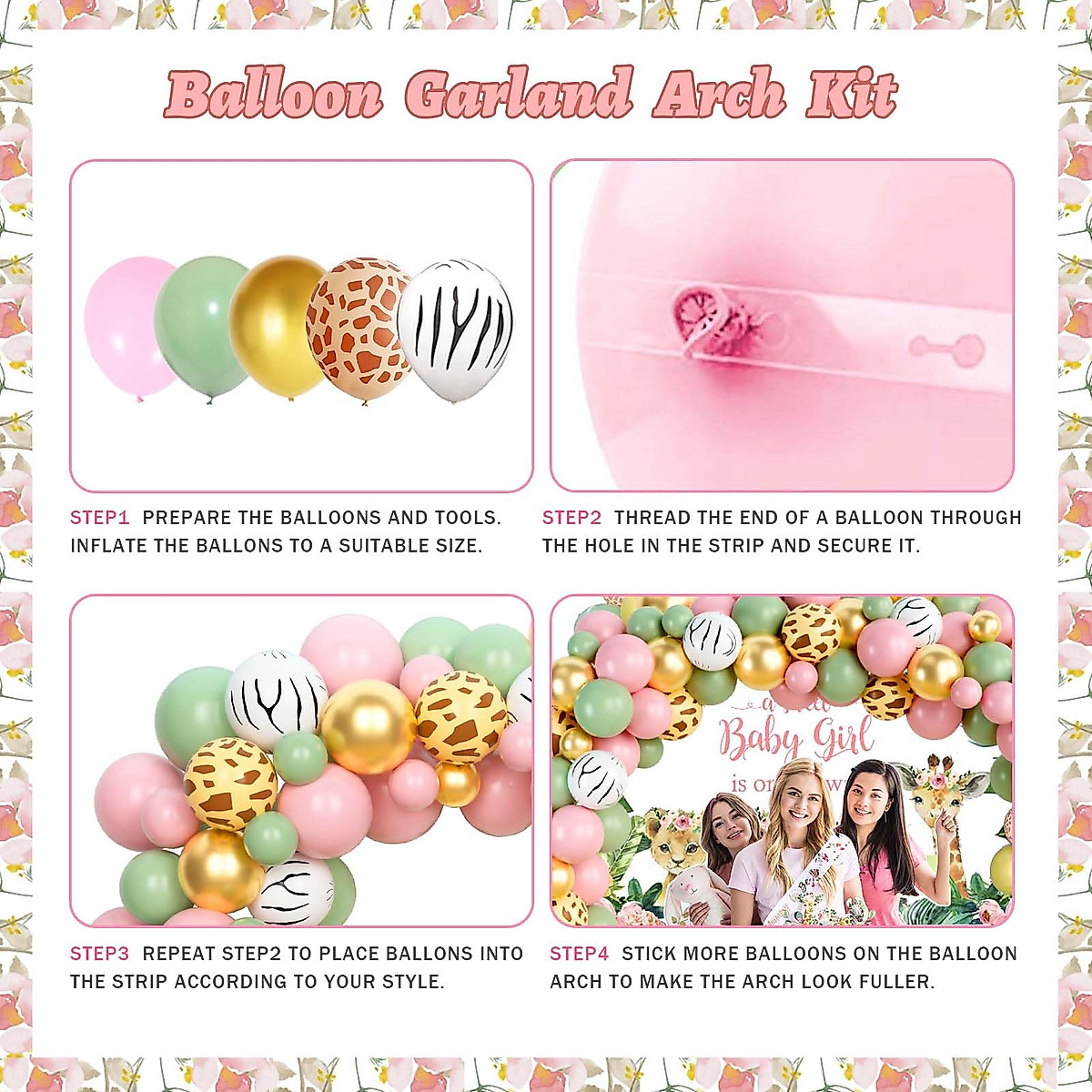 Fiesec Safari Baby Shower Decorations for Girl, Jungle Themed Décor Backdrop Balloon Garland Arch Artificial Leaves Box Cutout Glitter Banner Cake Topper Sash Lion Cheetah Giraffe Pink 140 PCs