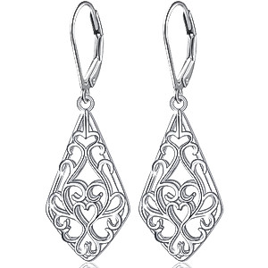 Kite Shaped Geometric Filigree Dangle Drop Leverback Earrings Sterling Silver Dangling Dangly Jewelry for Women