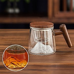 MAGIKEY Glass TeaCup with Infuser and Lid 16.5oz/480ml Thickened Borosilicate Glass Tea Cups with Walnut Handle and Lid Heatproof and Insulated WITHOUT Coaster(Alaska Jokul)