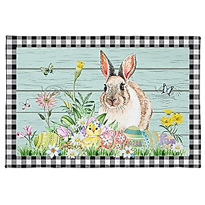Easter Egg Bath Mat, Soft Absorbent Microfiber Plush Bathroom Rugs Mat Non Slip Doormat Floor Mat Carpet Easter Bunny Colorful Eggs Farm Chick Black Plaid 16x24
