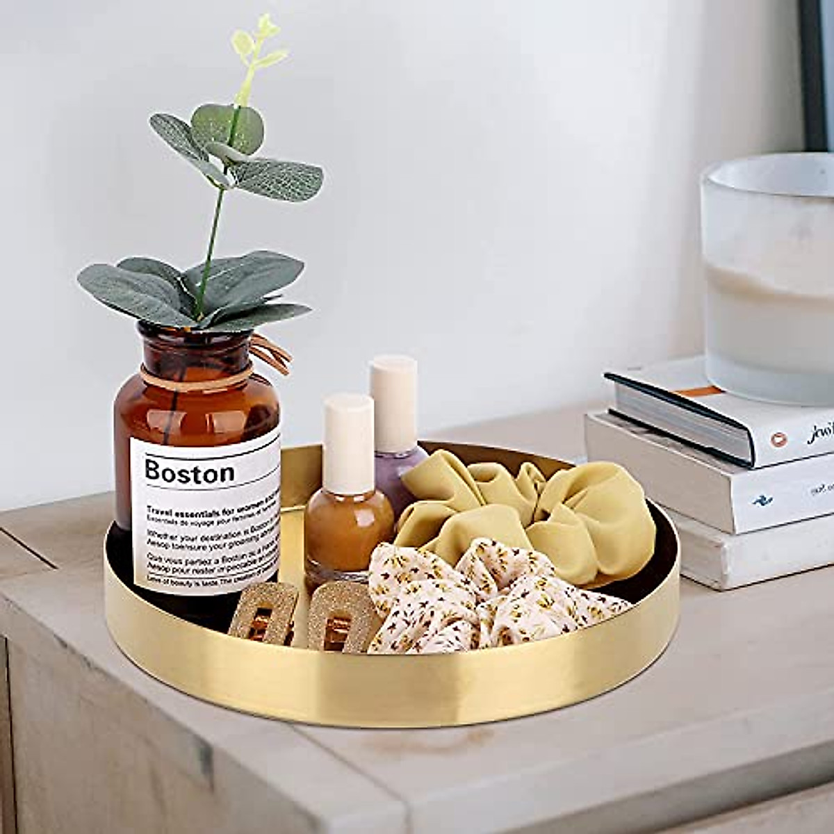Round Gold Tray, Dedoot Decorative Tray Small - 7.8inch Stainless Steel Metal Tray Organizer Storage Organizer Vanity Trays for Jewelry Cosmetics Coffee Tea Candle, Bathroom Plate Kitchen Tableware
