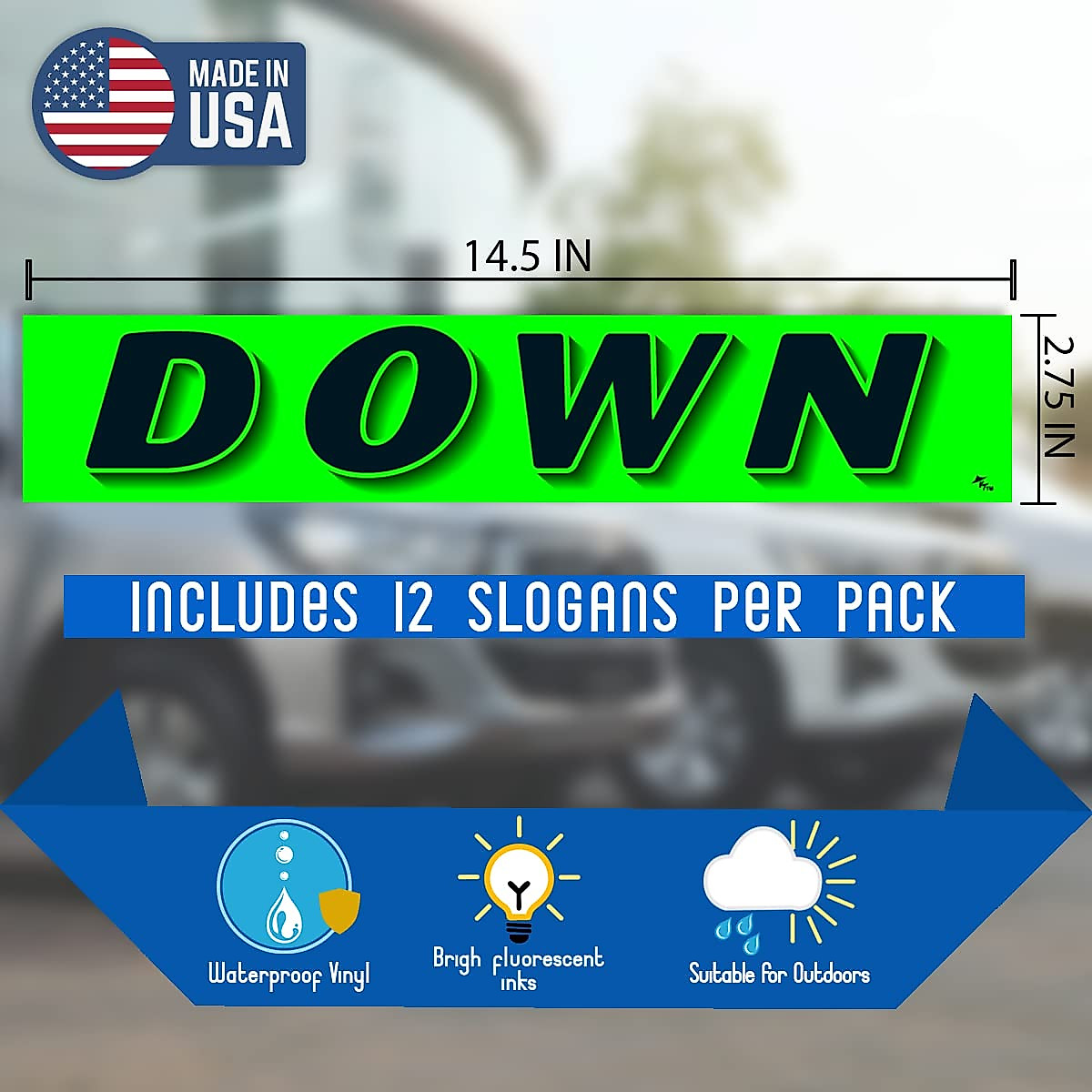 Versa Tags Windshield Slogan Stickers 12 Pack Each of Save, Down, Cash, Buy HERE Pay HERE, 4X4 (60) Window Stickers Total Dealership Stickers Black On Green