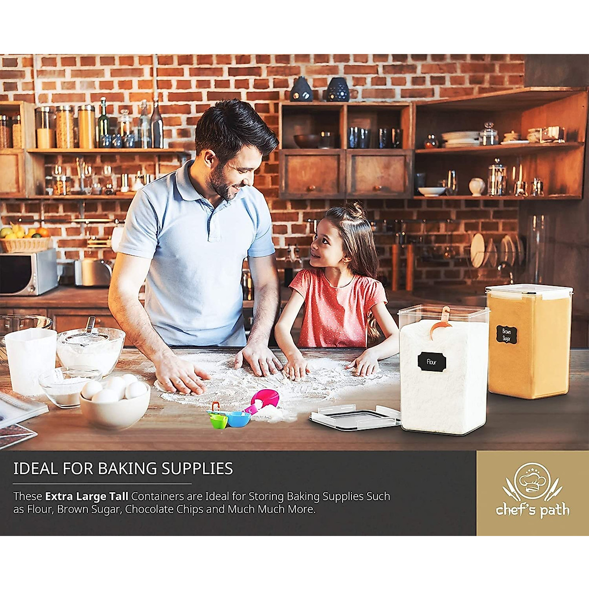 Chef's Path Flour and Sugar Container with Lids (Set of 2, 6.5 Liters Each) - Airtight Kitchen & Pantry Bulk Food Storage - 25 LB Flour and Sugar Containers