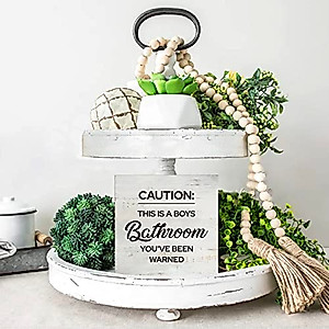 Caution This is a Boys Bathroom You've Been Warned Bathroom Wood Box Sign Rusitc Farmhouse Boy Bathroom Restroom Toilet Desk Shelf Decor (5 X 5 Inch)