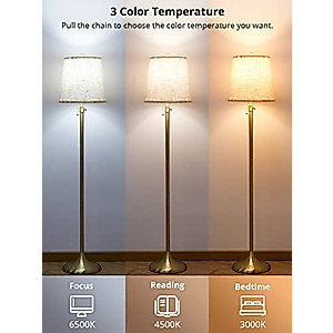Meisoda Gold Floor Lamp, 9W 3 CCT Dimmable Standing Lamp with 2 Linen Lamp Shades and Pull Chain for Living Room, Bedroom, Office, 58" to 65" Adjustable Height, Modern Brushed Bronze Design