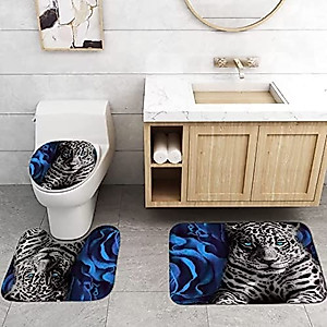 NBVKO 4PCS Blue Rose and Leopard Shower Curtain Set with Non-Slip Rugs,Toilet Lid Cover and Bath Mat,Bathroom Shower Decor Accessory Set