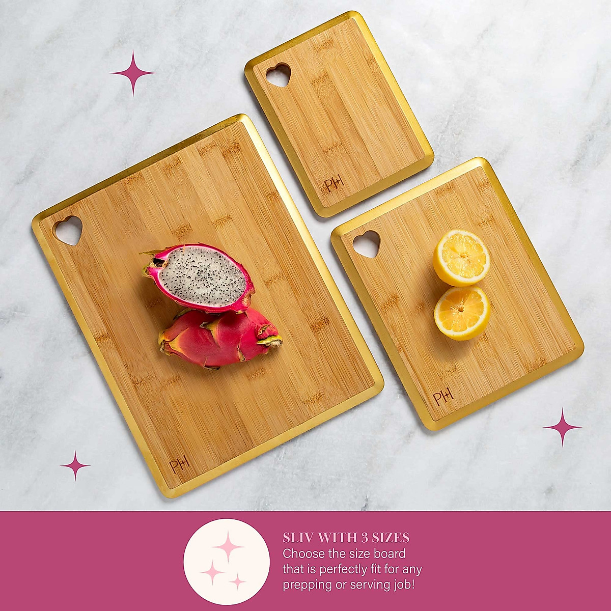 Paris Hilton Reversible Bamboo Cutting Board Set with Heart Shaped Cut-Out Design, Glamorous Gold Edge Detail and Multiple Board Sizes, 3-Pieces, Gold
